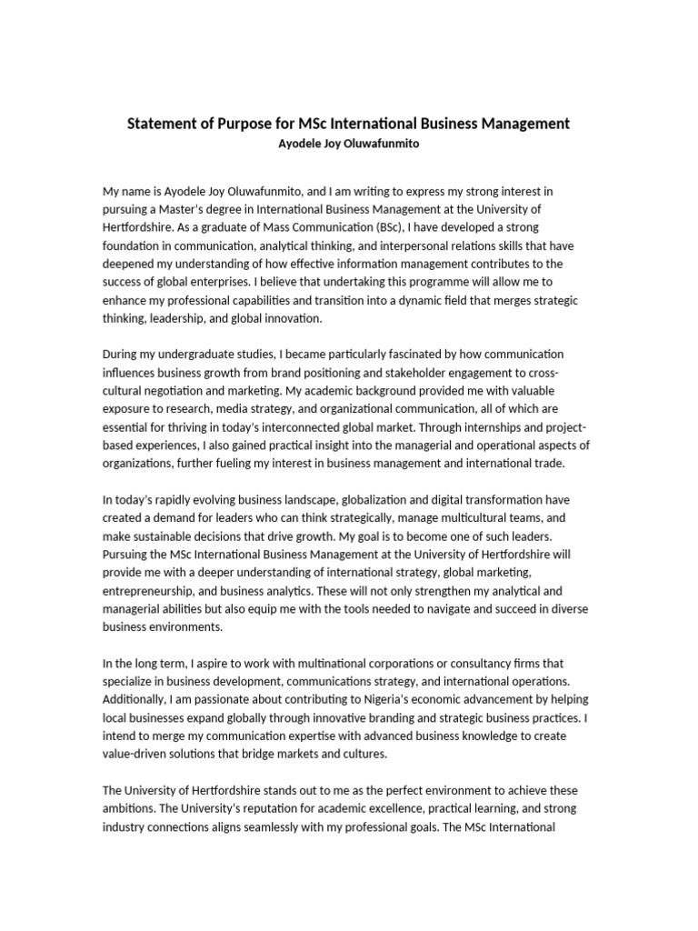 Ayodele Joy Oluwafunmito Statement of Purpose University of ...