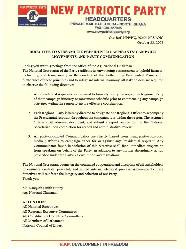 Directive To Streamline Presidential Aspirants' Campaign Movements and ...
