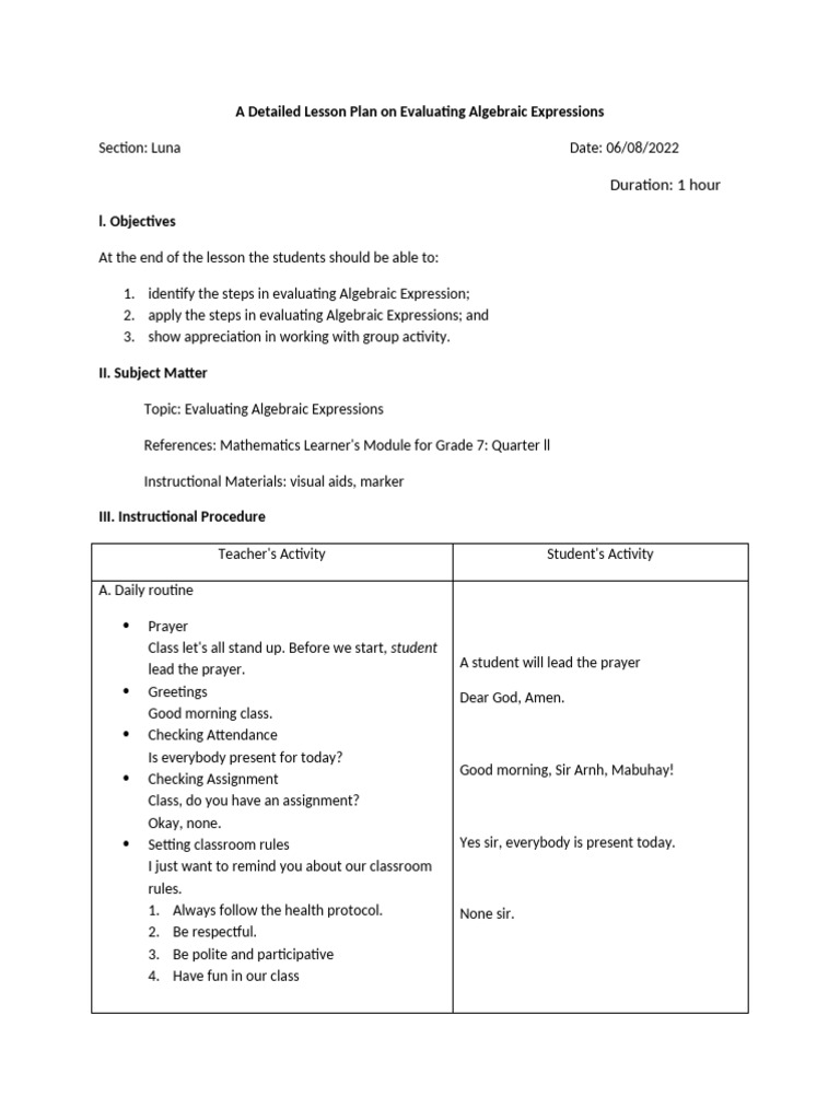Evaluating Algebraic Expressions Lesson Plan | PDF | Equations | Algebra