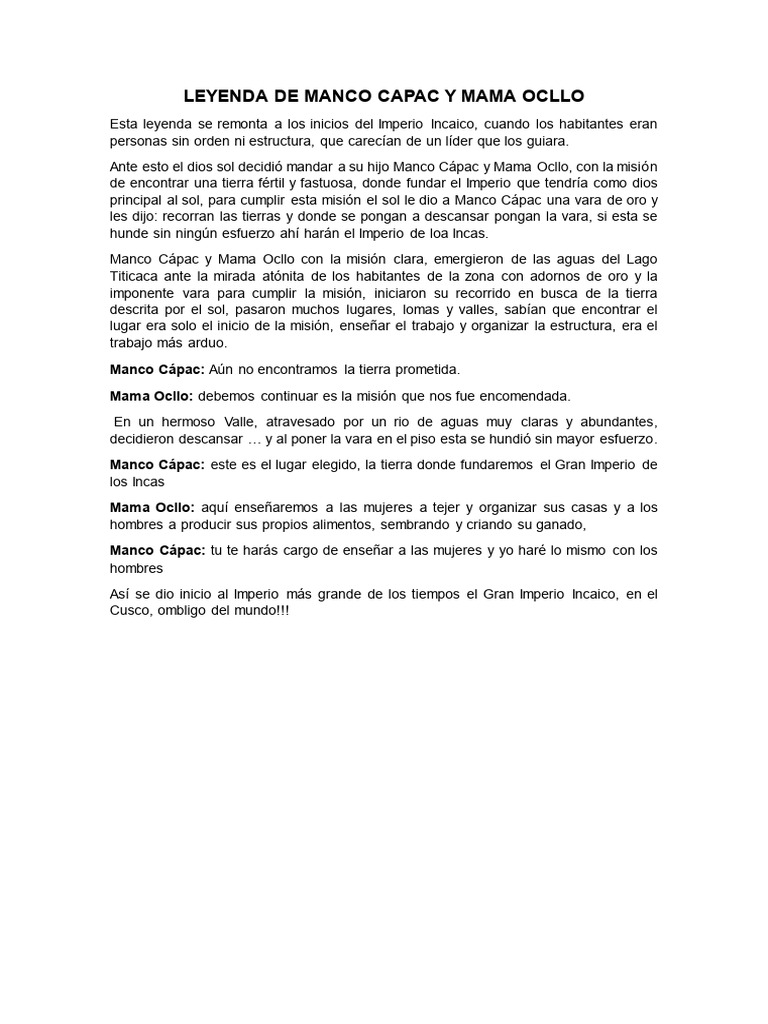 Leyenda de Manco Capac y Mama Ocllo-2024 | PDF
