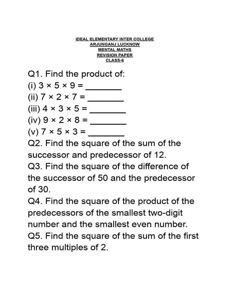 Class 6 Mental Maths Revision Paper | PDF
