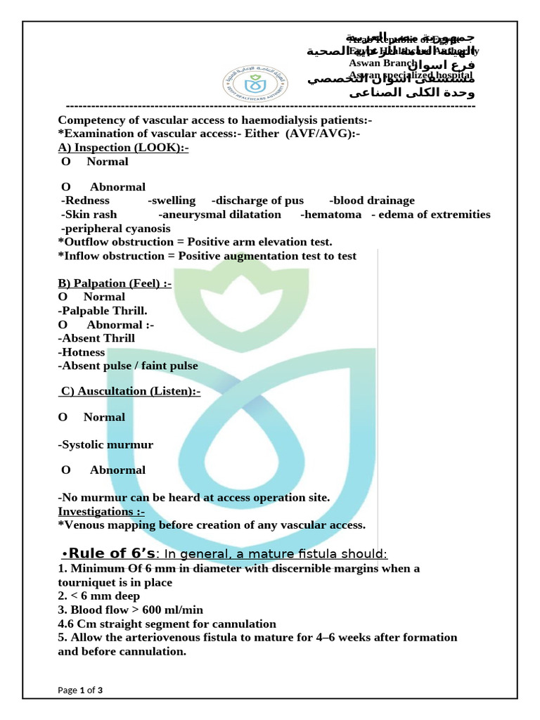 Vascular Access Assessment for Hemodialysis | PDF | Pulse | Vein