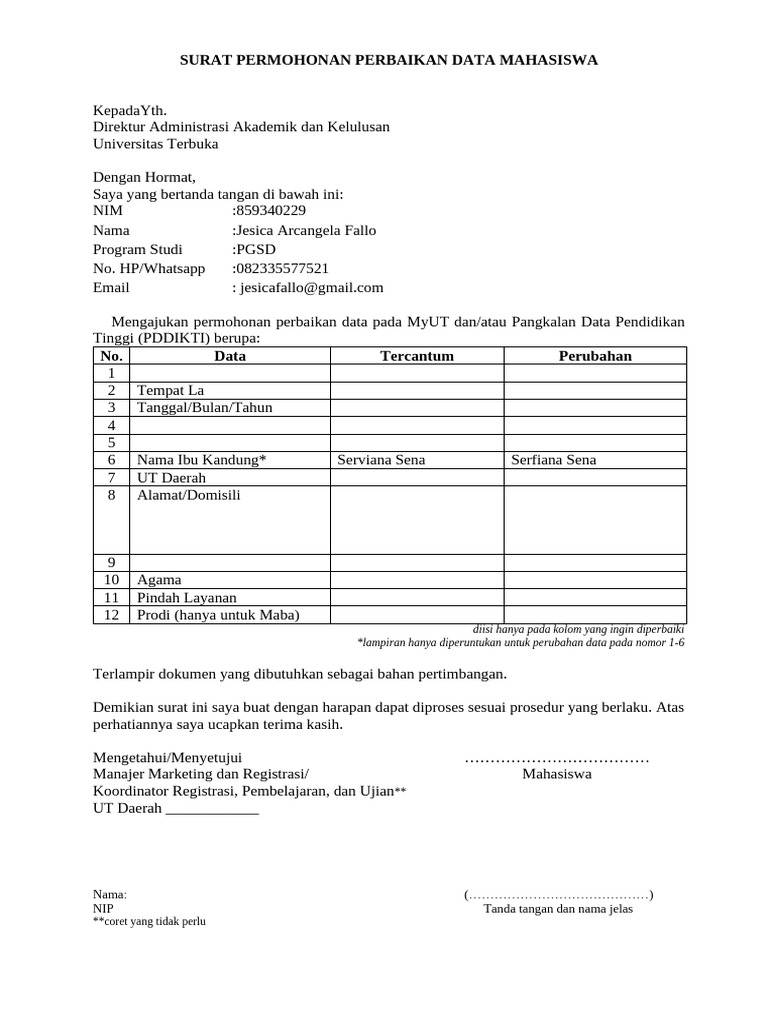 Surat Permohonan Perbaikan Data Mahasiswa Ut | PDF