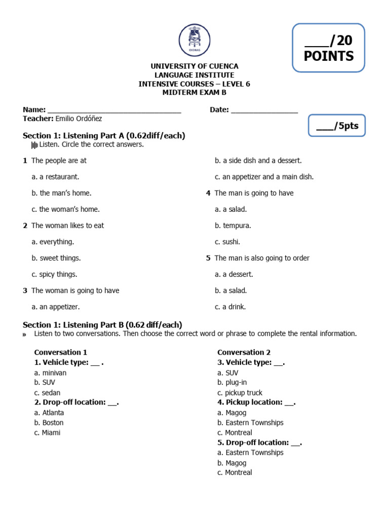 Level 6 - Midterm Exam B (U6 U7) (Pearson) | PDF | Traffic | Speed Limit