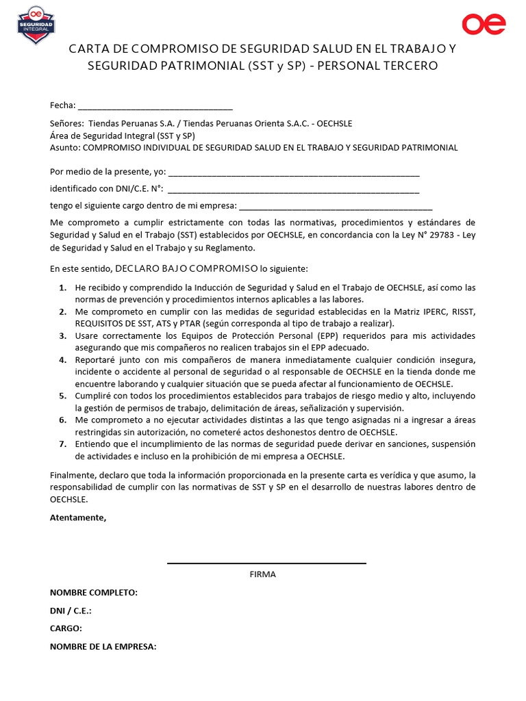 Carta de Compromiso de SST y SP | PDF