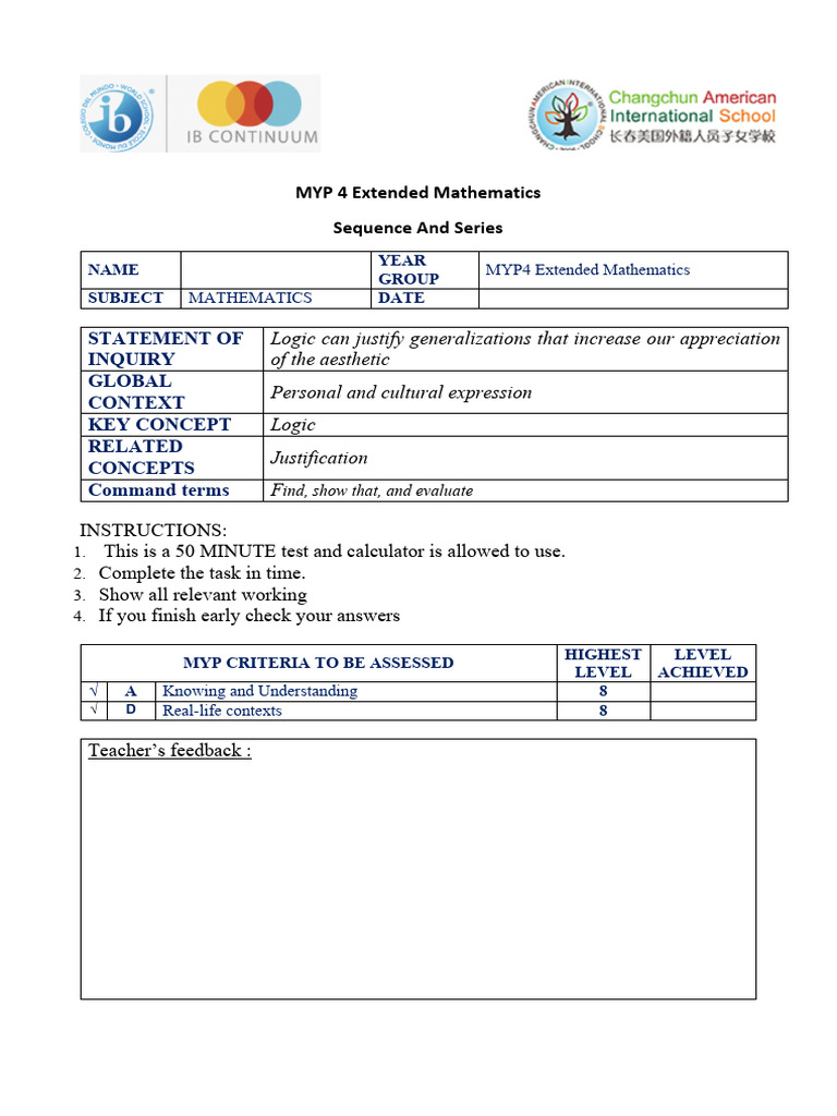 MYP4 Extended Sequence and Series Formative - October 28,2025 | PDF ...
