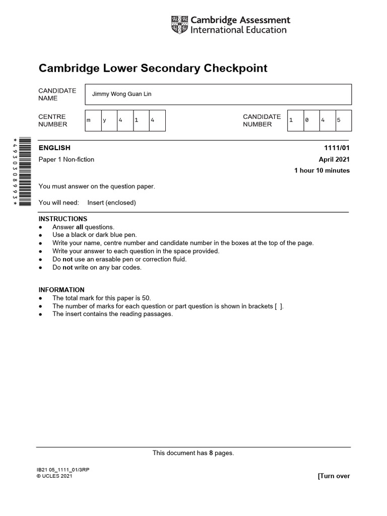 Cambridge Lower Secondary English Exam | PDF