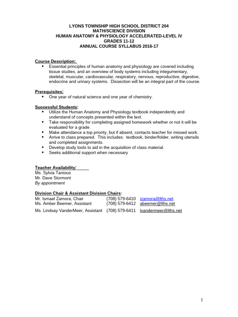 Human Anatomy Physiology Accel Syllabus 2016-17 | PDF | Anatomy | Skeleton