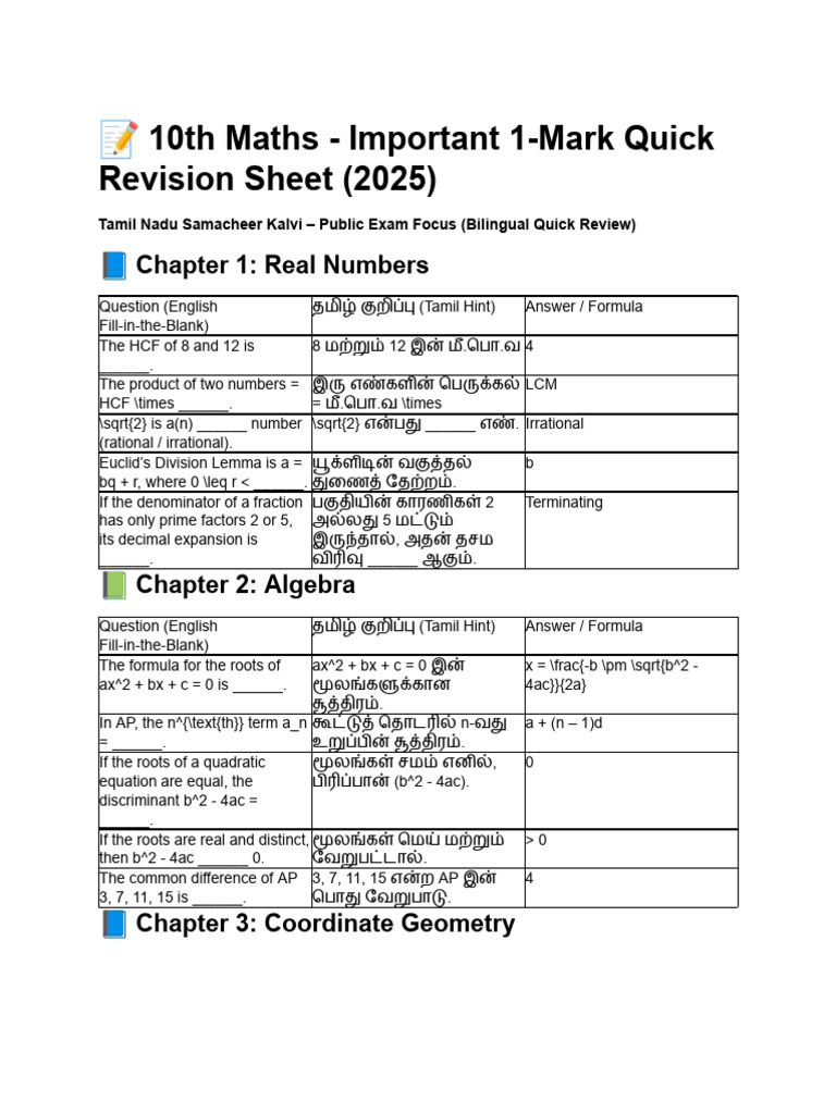 10th Maths - Important 1-Mark Quick Revision Sheet... | PDF