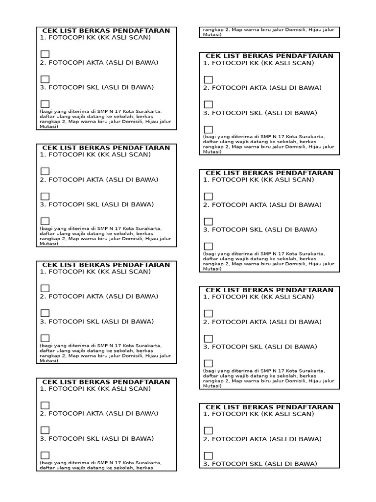 Ceklist Berkas Pendaftaran SMP N 17 | PDF
