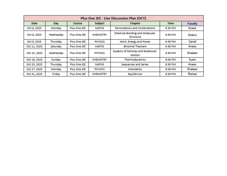Plus One JEE - Live Schedule - Oct | PDF