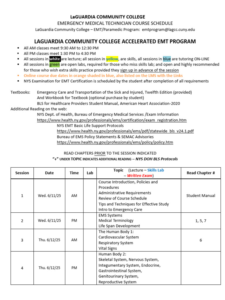 LaGuardia EMT Course Schedule Summer 2025 | PDF | Cardiopulmonary ...