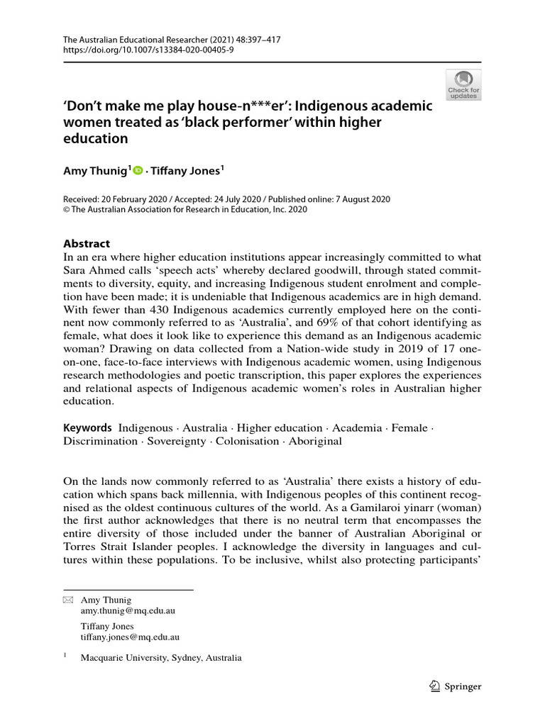 Thunig and Jones 2021 Indigenous Academic Women Treated As 'Black ...