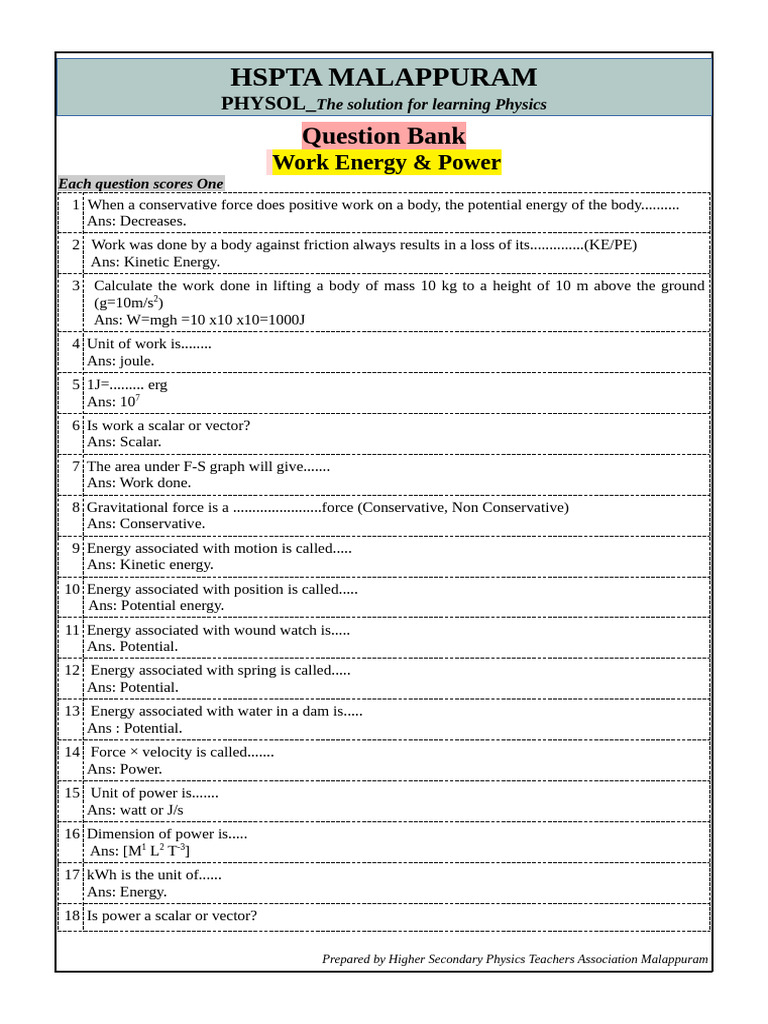 HSPTA Malappuram Physics Question Bank CH 6 - Work Energy & Power | PDF | Force | Kinetic Energy