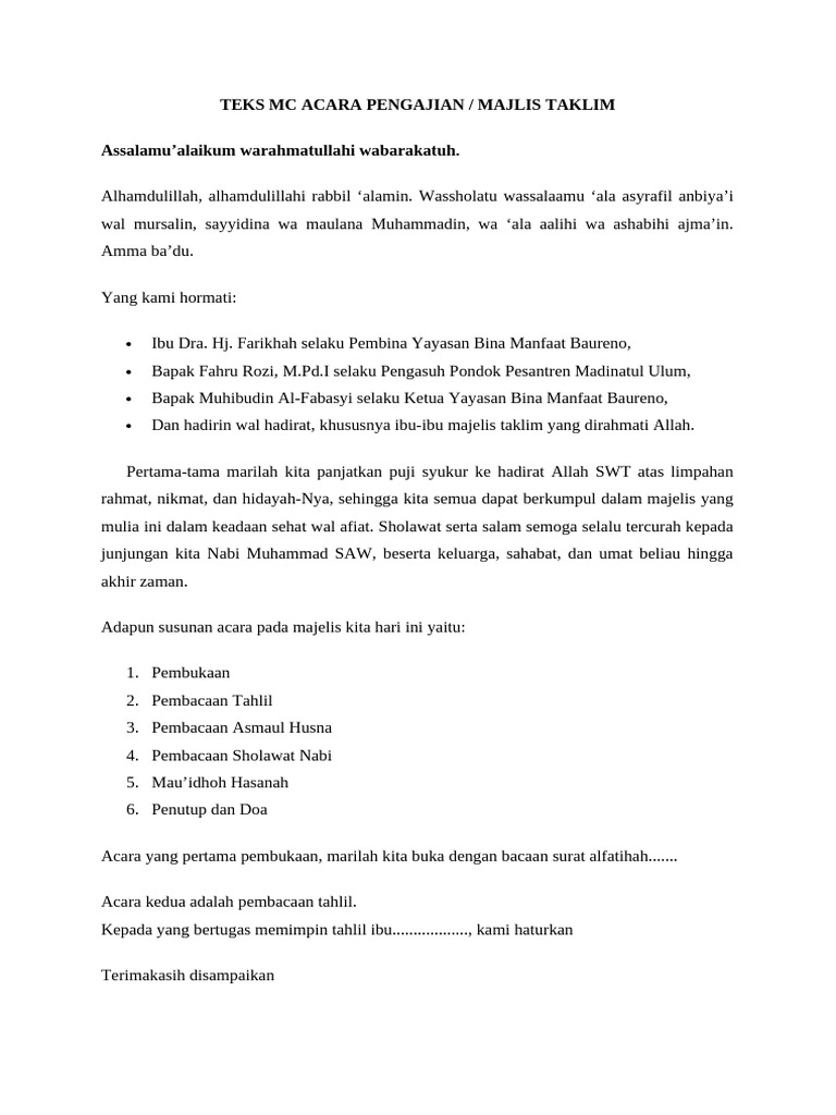 Teks MC Acara Pengajian | PDF