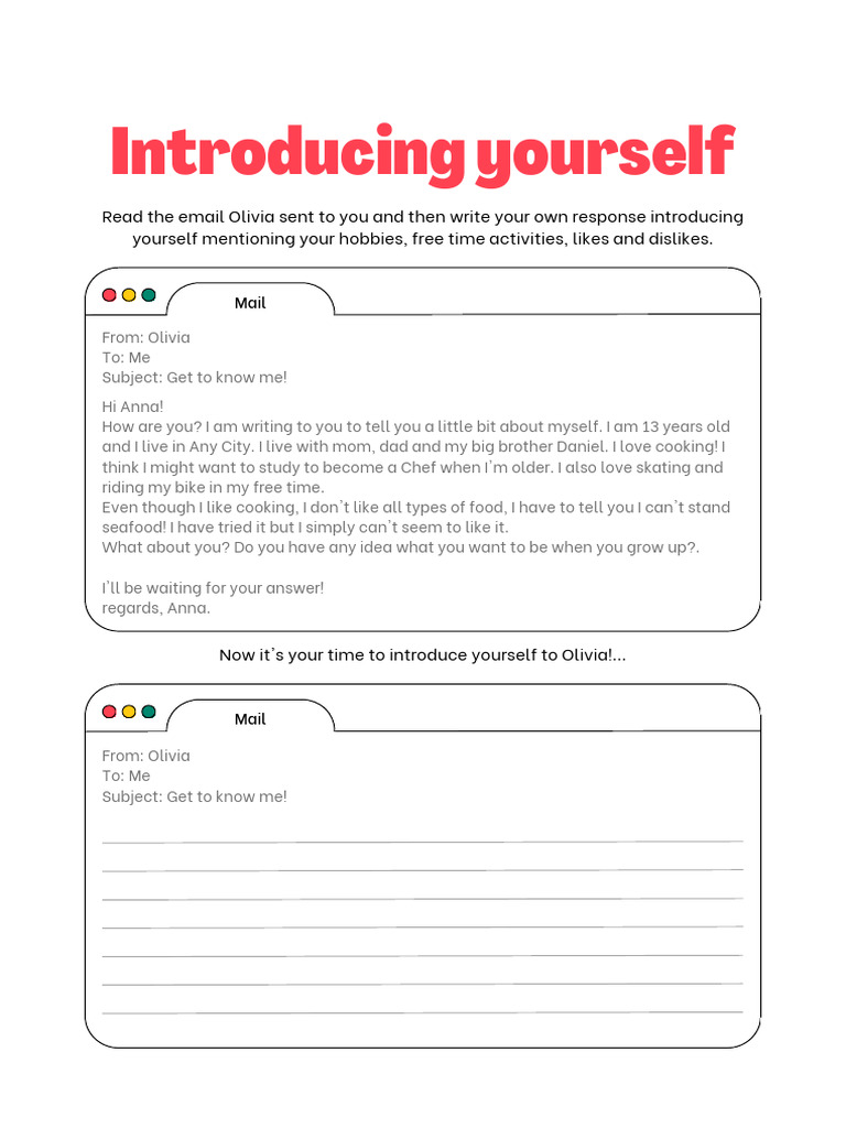 Introducing Yourself Worksheet in Pink White Simple Style | PDF
