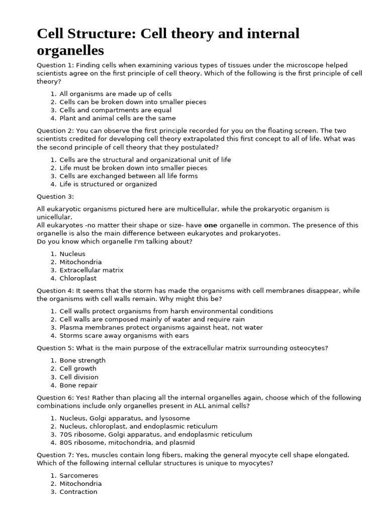 CEL Cell Structure Cell Theory and Internal Organelles Quiz Questions ...
