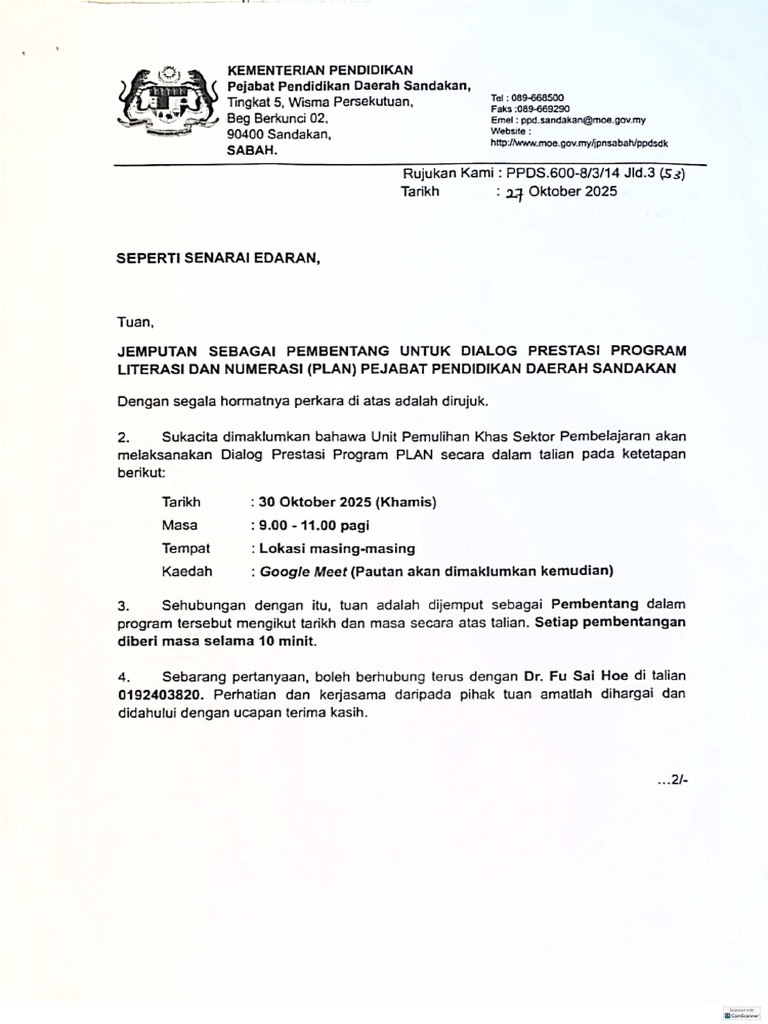 Jemputan Pembentang DP Plan PPD Sandakan | PDF