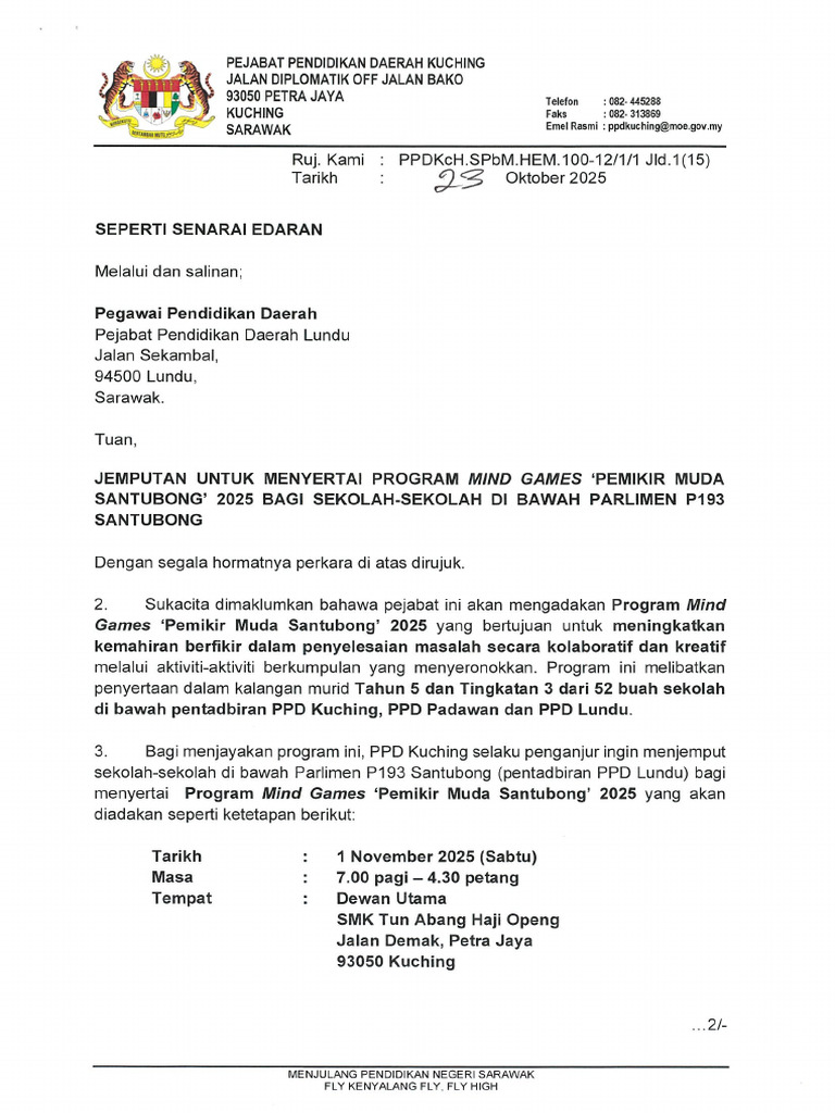 Surat Jemput Sekolah Hantar Peserta PPD Lundu 15 | PDF