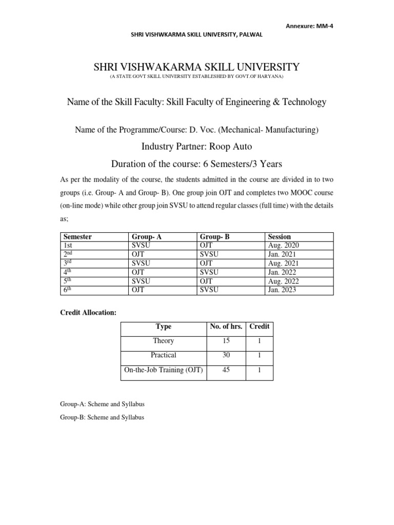 Batch 2020 Group A Scheme (D.voc Mechanical Manufacturing) | PDF