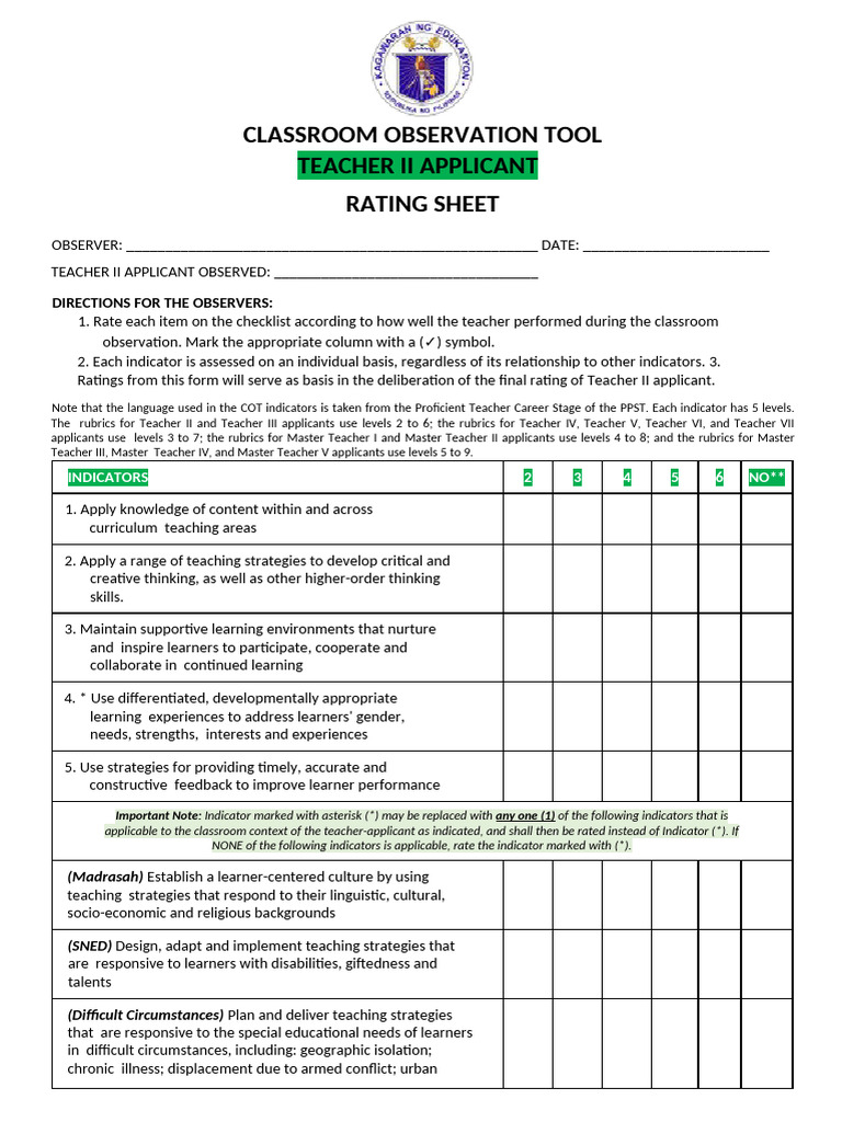 COT Rating Sheet for Teacher II Applicants | PDF | Learning | Teachers