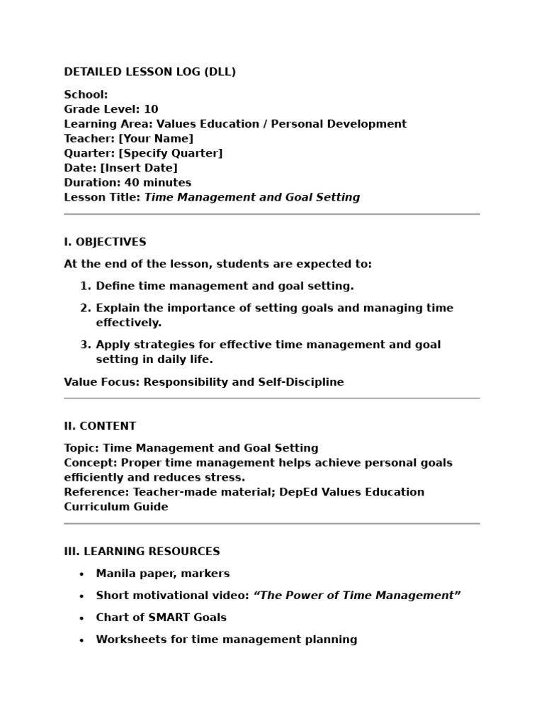 Time Management & Goal Setting Lesson Plan | PDF | Goal Setting | Goal