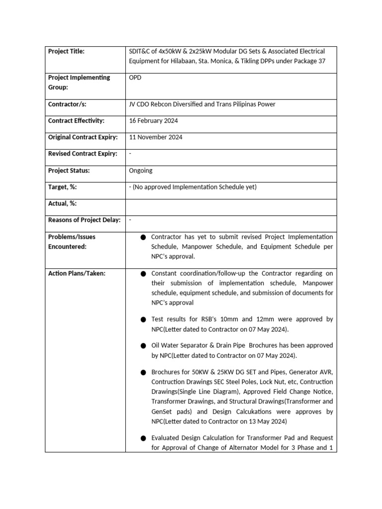 Hilabaan DG Sets Project Progress Report | PDF | Electric Power