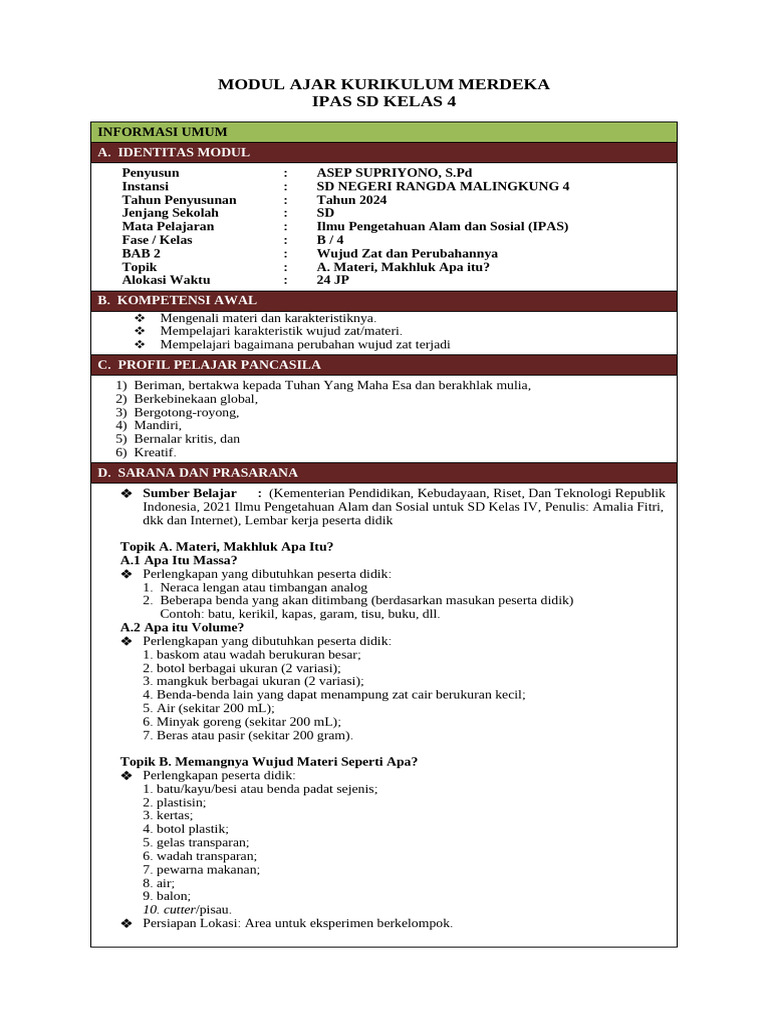 Modul IPAS SD Kelas 4: Wujud Zat | PDF