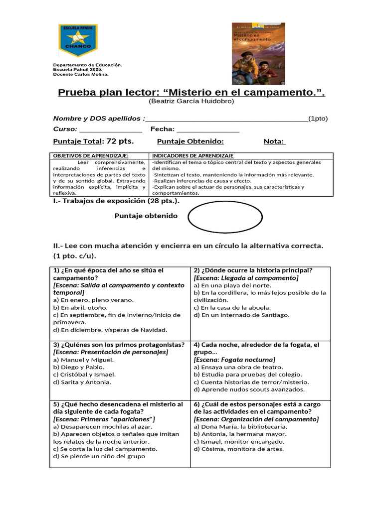 Prueba de Lectura: "Misterio en el Campamento" | PDF