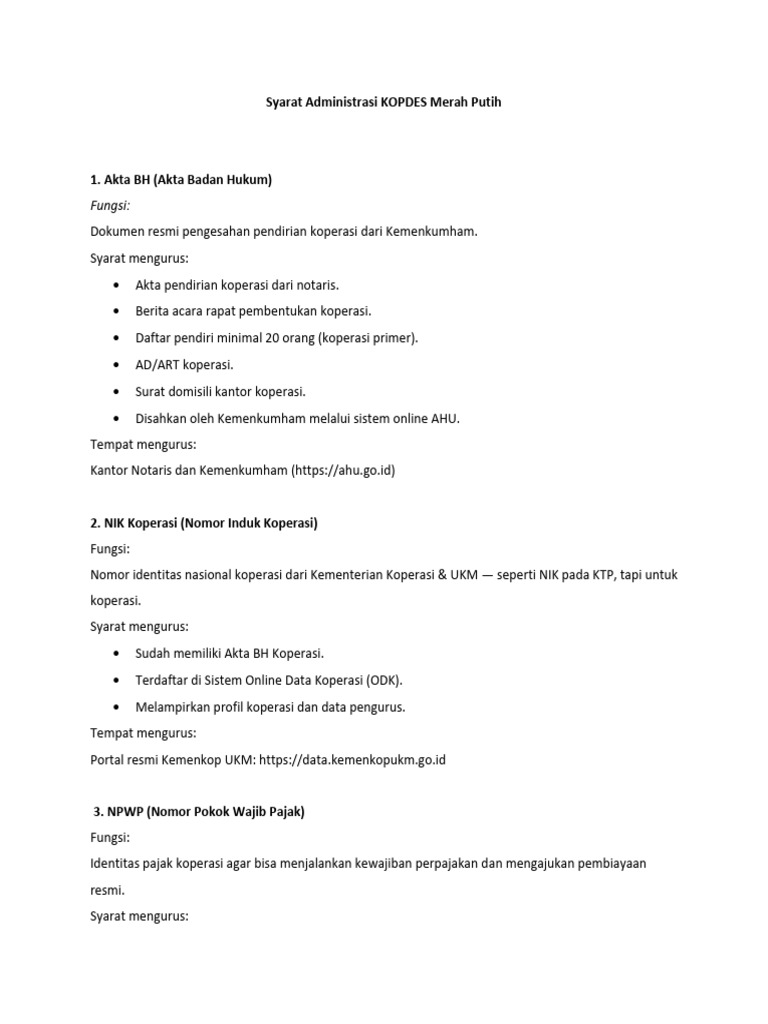 Syarat Administrasi KOPDES Merah Putih | PDF