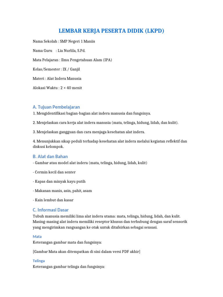LKPD IPA Kelas9 Alat Indera Manusia Gambar | PDF