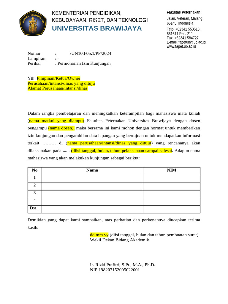 Template Permohonan Izin Kunjungan | PDF
