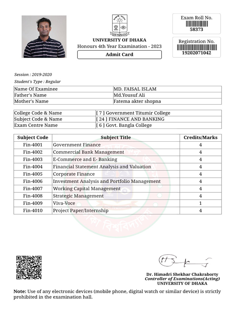 Student.7college - Du.ac - BD Students Print Admit - PHP Exam Id 67 | PDF