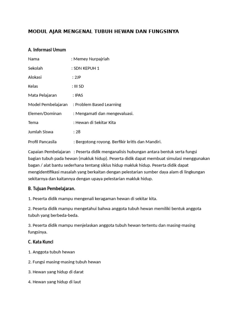 Modul Ajar Mengenal Tubuh Hewan SD | PDF