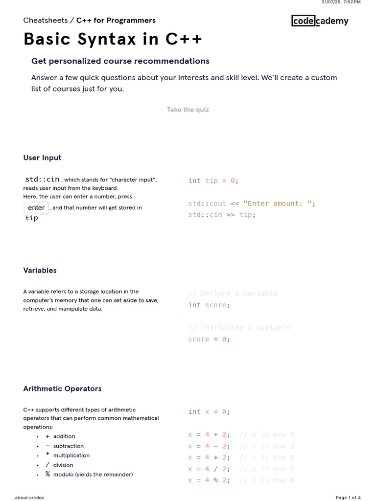 C++ For Programmers: Basic Syntax in C++ Cheatsheet - Codecademy | PDF | Integer (Computer ...