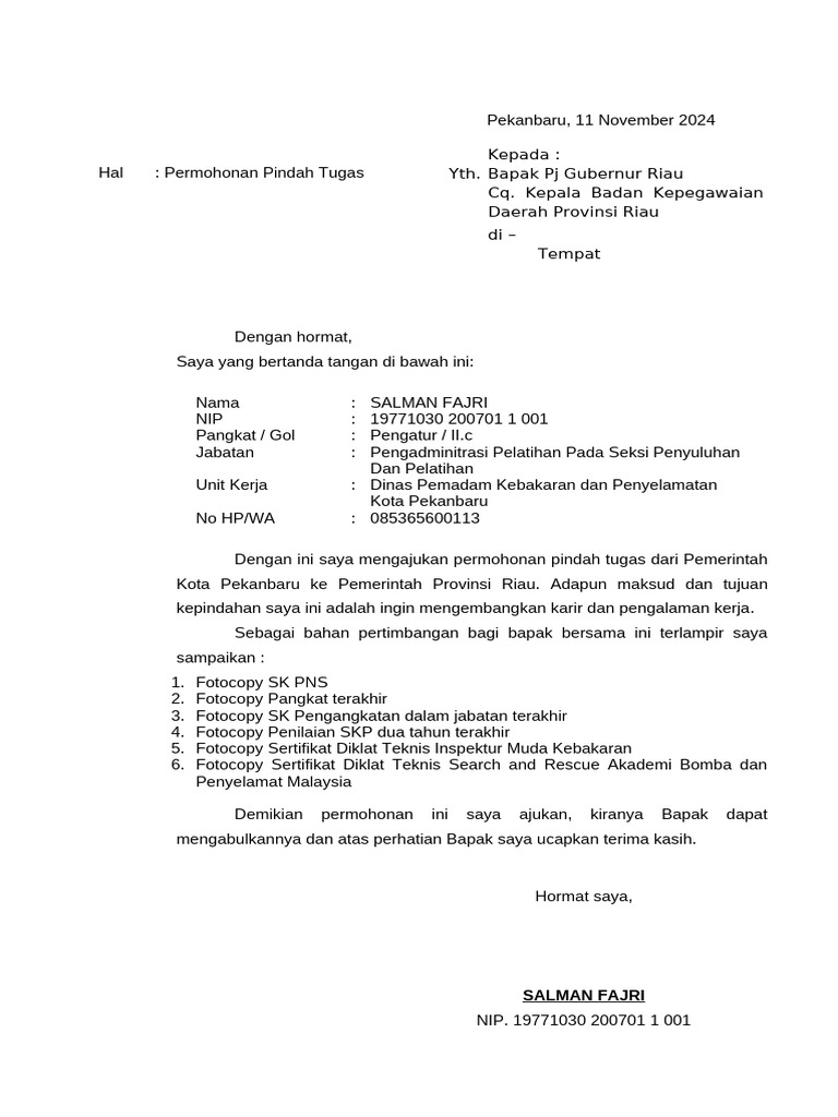Surat Permohonan Pindah Prov Riau (SALMAN) | PDF
