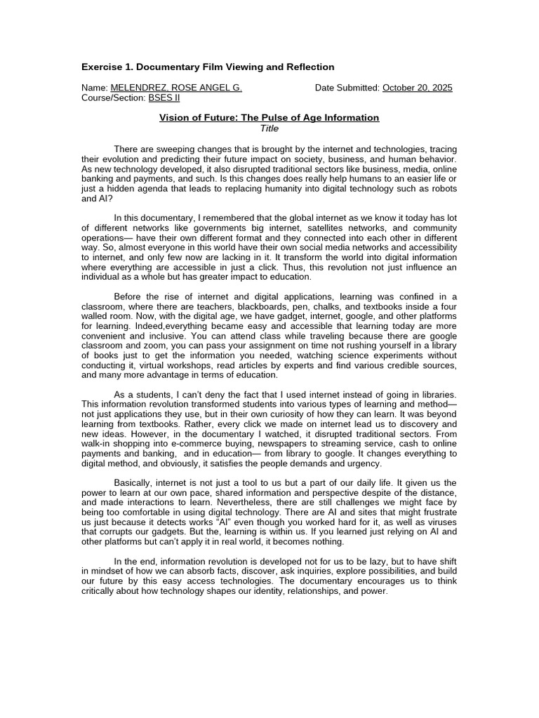 Angel Socsci Exercise 1 Film Viewing | PDF | Internet | Cognition