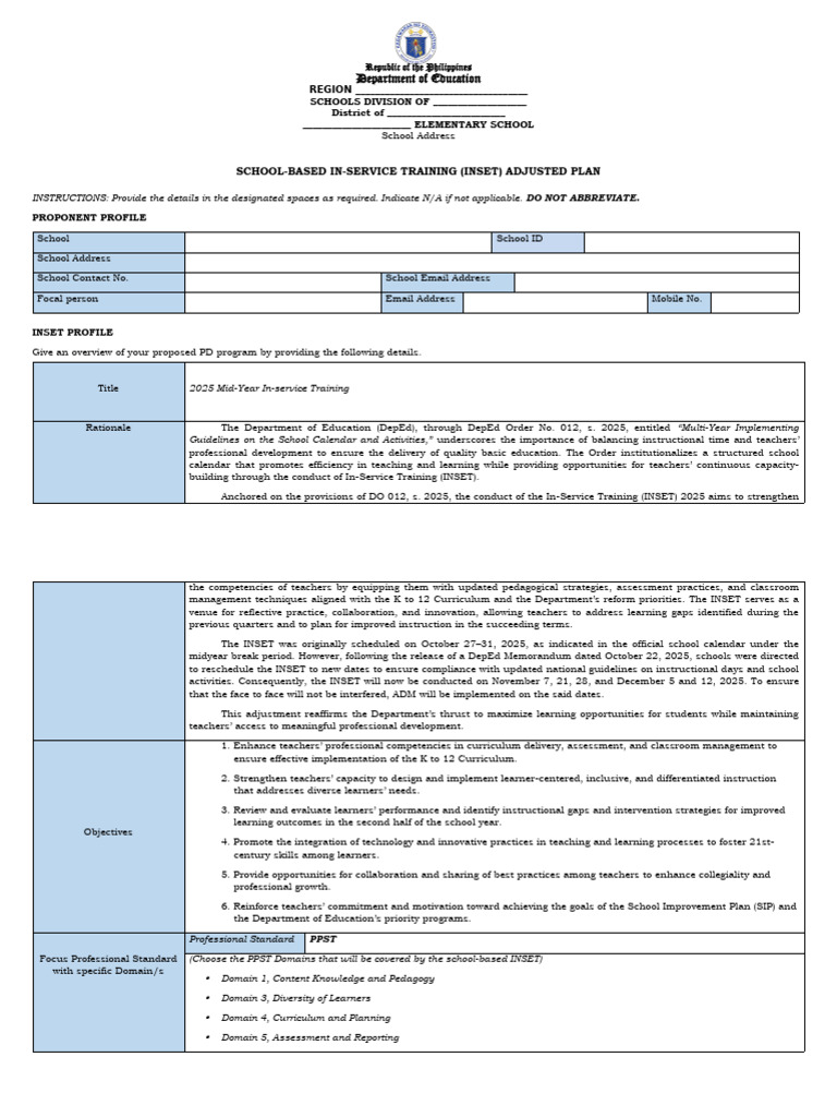 Adjusted School Based INSET Plan | PDF | Teachers | Education Theory