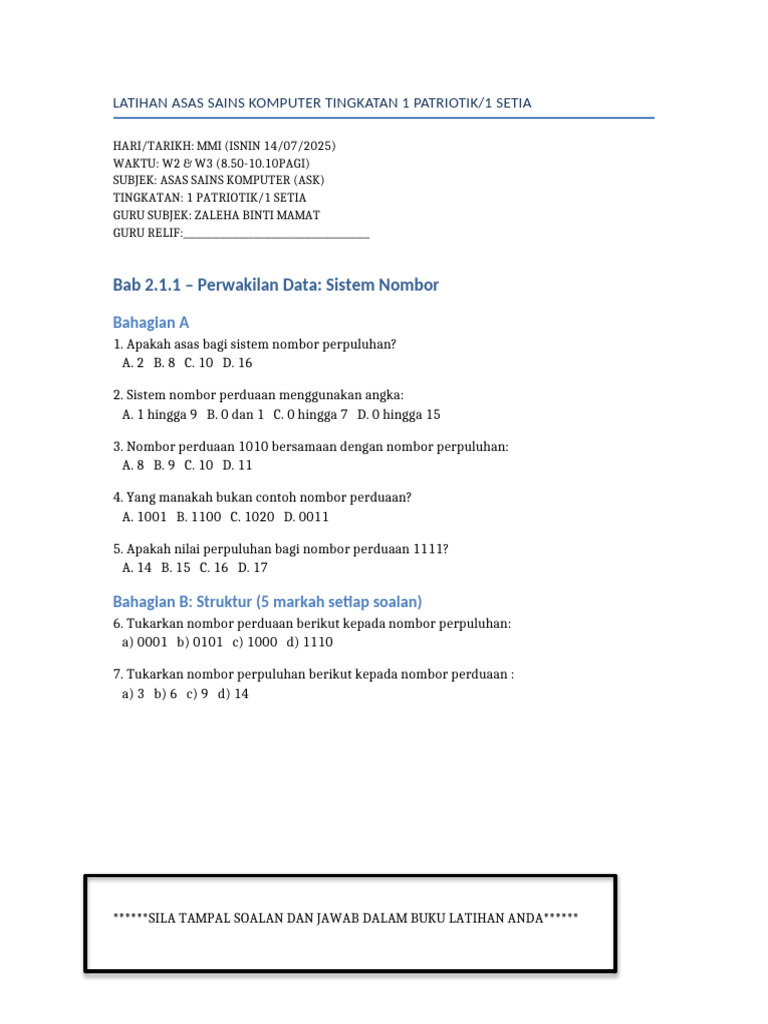 Latihan Bab 2.1.1 Perwakilan Data Tingkatan 1 | PDF