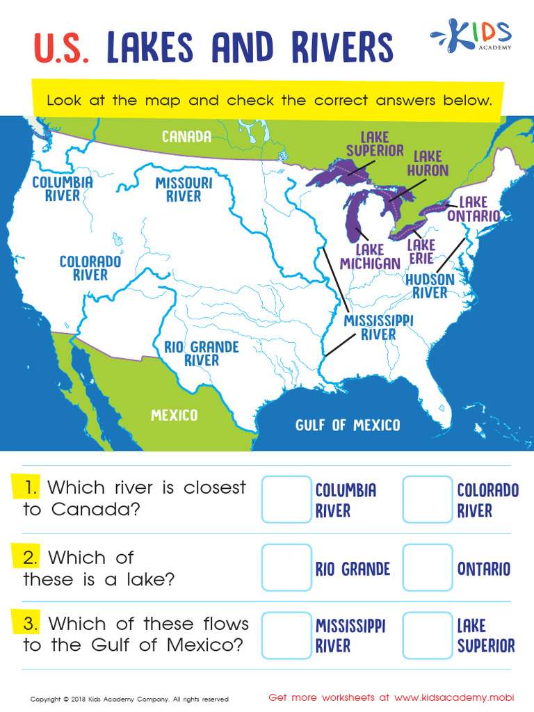 Grade 3 Us Lakes and Rivers Worksheet | PDF