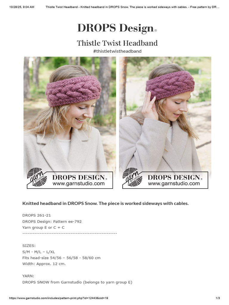 Thistle Twist Headband - Knitted Headband in DROPS Snow. The Piece Is ...