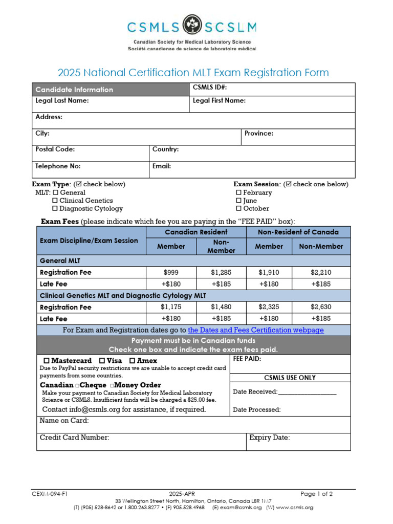 CEXM-094-F1 MLT Exam Registration App v2025-APR-08 | PDF | Payments | Fee