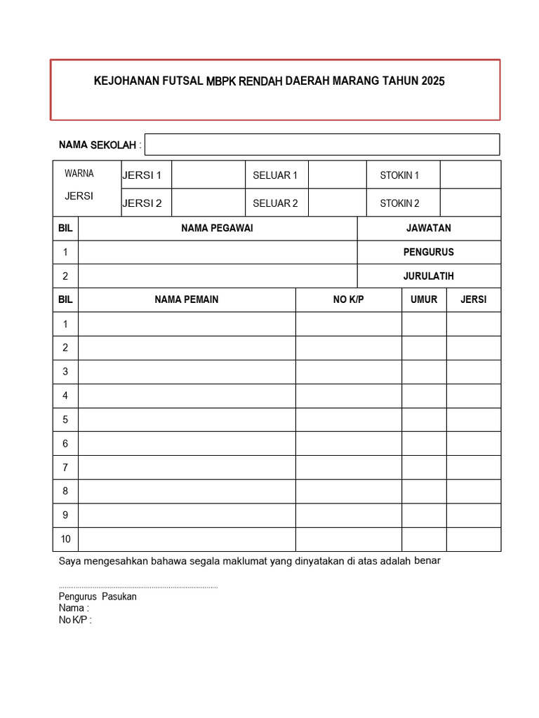 Borang Penyertaan Futsal Rendah | PDF