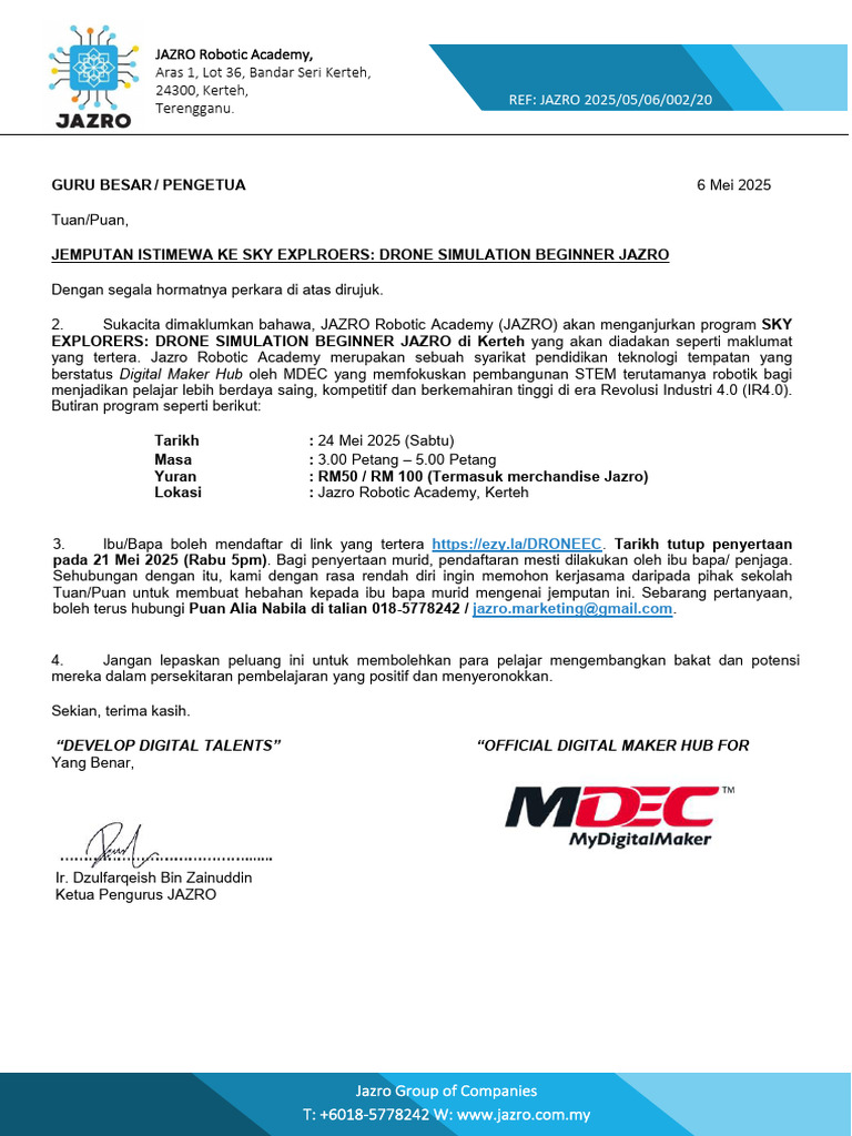 Jemputan Istimewa Ke Sky Explorers Drone Simulation Beginner Mei 2025 Kerteh | PDF