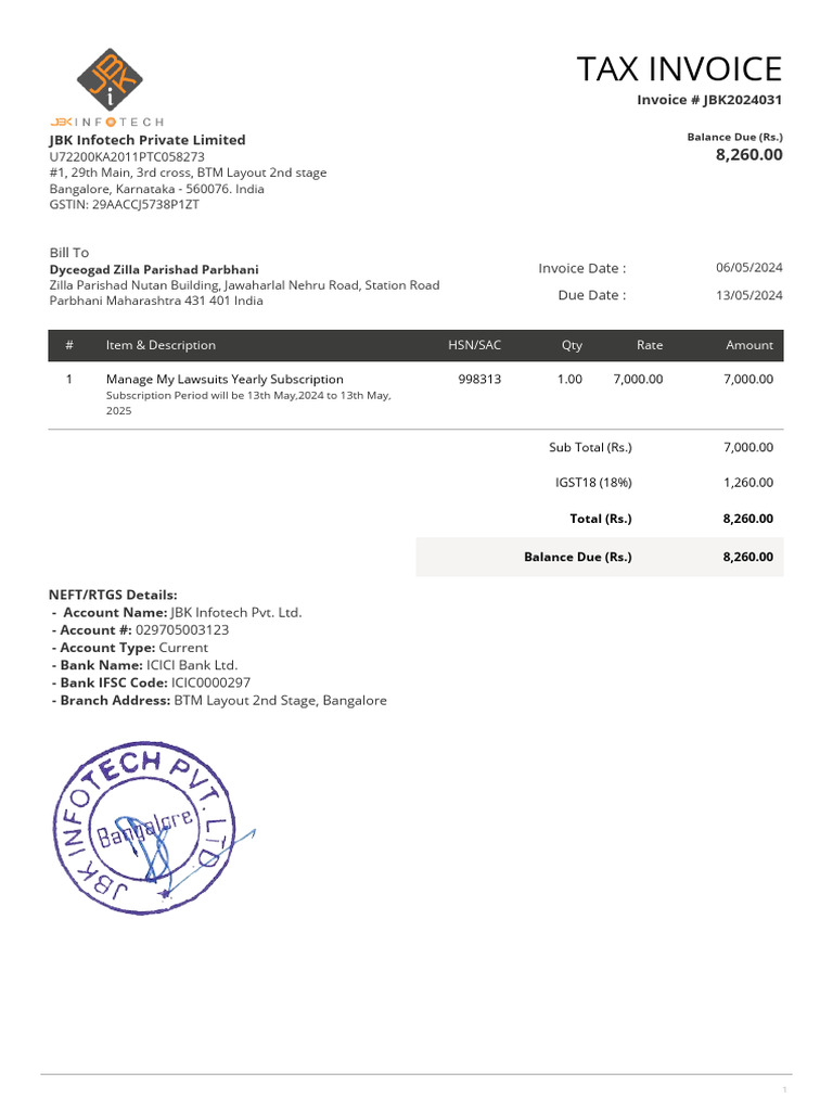 Tax Invoice for Subscription Services | PDF
