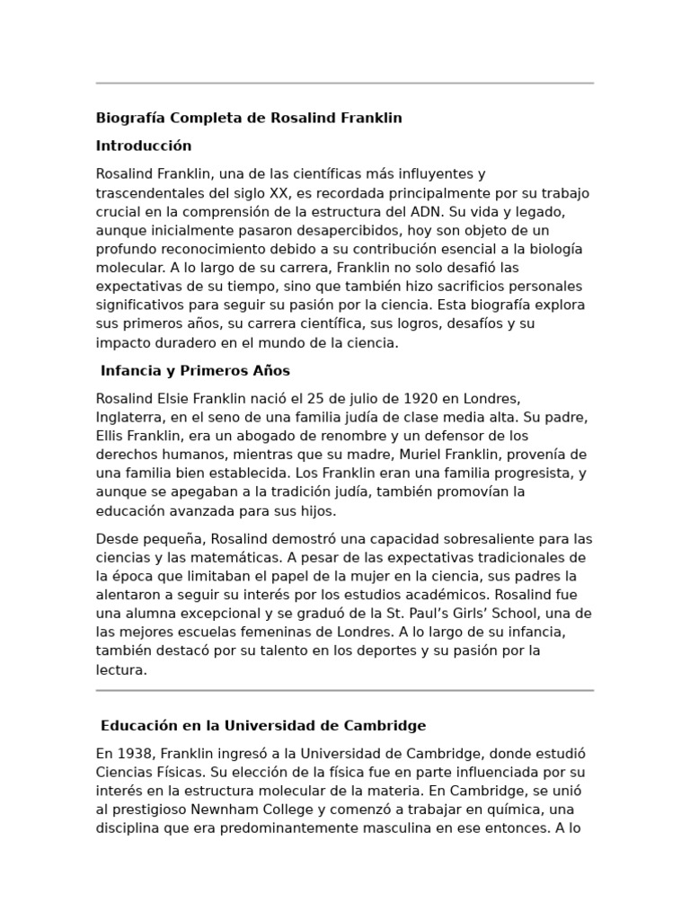 Biografía de Rosalind Franklin: Pionera del ADN | PDF | James Watson ...