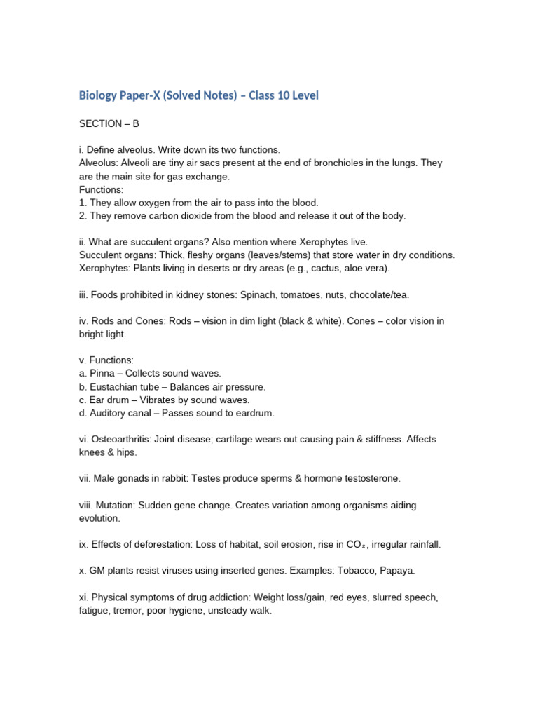 Class 10 Biology Solved Notes Guide | PDF