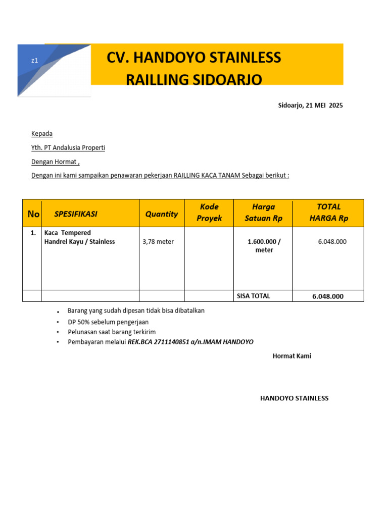 Penawaran Railing Kaca Tanam Sidoarjo | PDF
