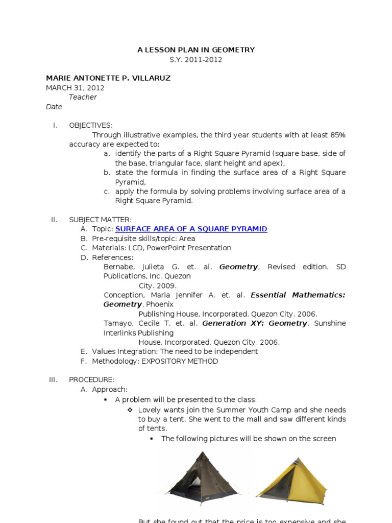 A Lesson Plan in Geometry-Villaruz | PDF | Surface Area | Area