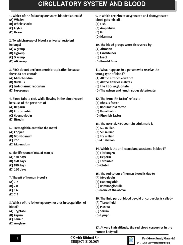 Circulatory System Quiz Questions | PDF | Blood | Red Blood Cell